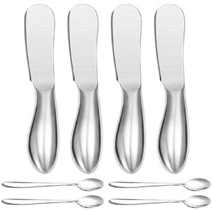 linwnil 4pcs stainless steel cheese spreader knives,4pcs mini spoons,for condimets, cheese, butter, charcuterie board accessories, snack time, party