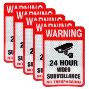 5 pack video surveillance sign reflective sticker decal self adhesive 5.9" x 4", no trespassing warning sign for home business cctv security camera, uv protected & waterproof, indoor & outdoor use