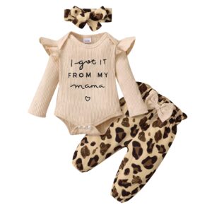 olluisneo 0-3 months baby girl clothes infant romper outfits ruffle sleeve top leopard pant set newborn baby clohtes for girls