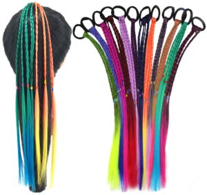 12 pieces colored braids hair extensions with rubber bands rainbow braided synthetic hairpieces ponytail hair accessories for women kids girls party highlights cosplay dress up