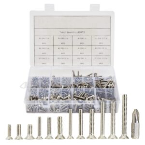 built industrial 400 piece machine screw assortment kit, 304 stainless steel flathead set with #2 phillips driver bit and storage case, 6-32, 8-32, and #10-24 screws