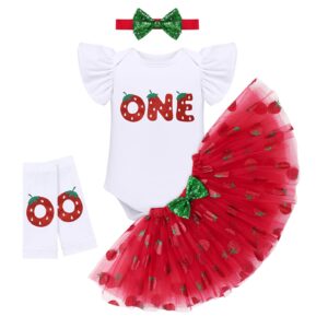 odasdo baby girls strawberry 1st first birthday outfit one year old party cake smash set fly sleeve romper bodysuit princess tutu tulle skirt bowknot headband leg warmers photo props 4pcs one 1 year