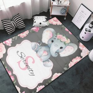 xozoty custom name watercolor elephant pink flower area rug living room pad nursery kids play mat entrance exit doormats 4'x5.2'