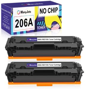 manyjets 206a compatible toner cartridge replacement for hp 206a w2110a 206x w2110x black work with hp laserjet pro m283fdw m255dw m283cdw m282nw printer (no chip,black,2-pack)