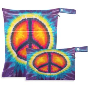 visesunny abstract peace sign design tie dye 2pcs wet bag with zippered pockets washable reusable roomy diaper bag for travel,beach,daycare,stroller,diapers,dirty gym clothes,wet swimsuits,toiletries