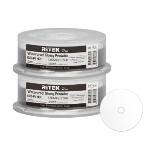 50 pack ritek pro (professional grade) bd-r blu-ray 4x 25gb watershield water resistant glossy white inkjet hub printable blank recordable disc