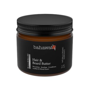 bahawat beard butter for men leave-in conditioner leather, sandalwood - strengthen, soften & moisturize while relieving itch – made in usa with organic, natural ingredients best beard butter -2 oz