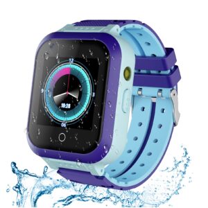 upgraded 4g gps smartwatch for girls boys, ip67 waterproof sport smart watch phone for kids, with camera wifi video call phone call sos pedometer, 2-style watch straps for children 3-14 years-blue