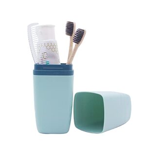 portable travel toothbrush case, 3 in 1 toothpaste holder with cover, multi-functional wash cup container for traveling, camping, school, business trip (powder blue)