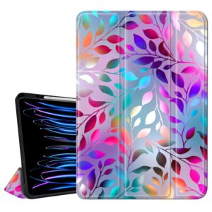 hi space for ipad pro 12.9 case 2022 2021 2020 2018 6th 5th 4th 3rd gen with pencil holder, frosted colorful leaf trifold stand protective shockproof cover auto sleep wake