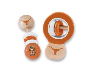 babyfanatic wood rattle 2 pack - ncaa texas longhorns - officially licensed baby toy set