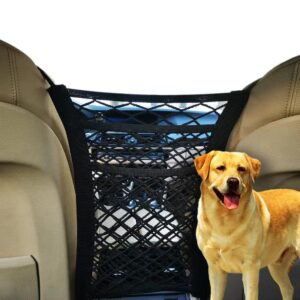 dog car net barrier with auto safety mesh organizer baby stretchable storage bag between seats universal for cars, suvs -easy install,safer to drive with children and pets… (3 layers)