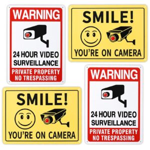 4 pieces smile you're on camera sign and private property no trespassing sign video surveillance signs uv printed 40 mil rust aluminum security camera sign for home business (simple style)