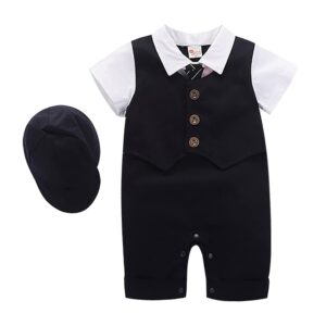 idopip baby boy one-piece rompers short sleeve jumpsuit gentleman white shirt waistcoat bowtie tuxedo formal suit infant birthday wedding christening outfit clothes with hat black + hat 6-9 months