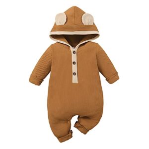 disaur baby girl boy clothes newborn outfit,infant baby romper cute bear ear hooded cotton jumpsuit long sleeve bodysuit 0-3m brown