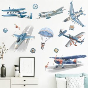 wajade airplane wall stickers for boys,watercolor airplanes parachute astronaut wall art decals peel and stick wall stickers for kids bedroom nursery playroom decor