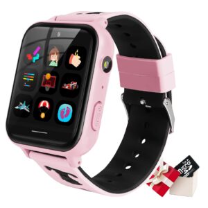 kids smart watch phone, hd touch screen smartwatch with music mp3 player, video recorder, camera, games, sos, dinosaur wristband, (1gb sd card) sport wrist watch for age 3-14 boys girls gifts-pink