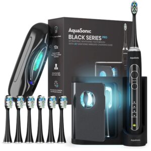 aquasonic black series pro – ultra whitening toothbrush w uv sanitizing base – 5 modes & smart timers – premium travel case – electric toothbrush – ada approved toothbrush