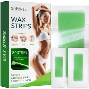 nopunzel facial wax strips hypoallergenic all skin types - face & bikini hair removal for women at home waxing kit with face wax strips & calming oil wipes (80 facial & body)