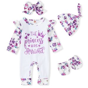 grnshts newborn baby girl romper infant letter print bodysuit floral jumpsuit+hat+headband+gloves coming home clothes outfits(purple,newborn)