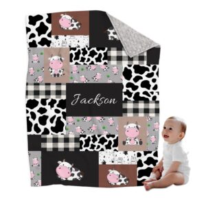 munific personalized cow print baby blanket with name - custom boy's girl's cartoon cute cow milk nursery theme - toddler minky blankets - personalized name plaid quilt style blanket