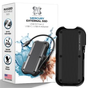 titanium micro external ssd 4tb - mercury portable ssd, up to 1000mb/s, usb 3.2 gen 2 usb-c usba, rugged ip66 water resistance, drop proof, external solid state drive slim and lightweight storage