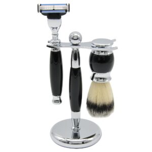 union razors ss3 black three piece shave kit with razor, shaving brush and stand.