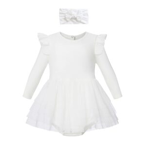 o2 baby organic cotton baby girl long sleeve ruffle romper tulle dress jumpsuit with headband outfit set（0-3 months, ivory）