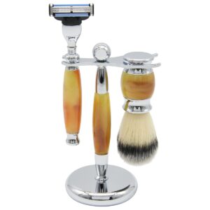 union razors ss1 three piece shave kit, tiger eye with razor, shaving brush and stand, brown