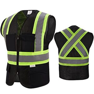 sulwzm high visibility safety vest, reflective back cross strips for men and women (black, large)