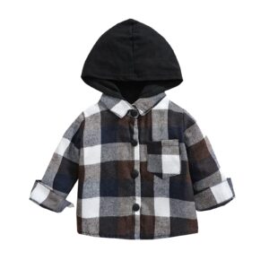 kids little boys girls baby long sleeve button down hooded plaid shirt red plaid flannel outfits (coffee, tag 80, us 6-12 months)