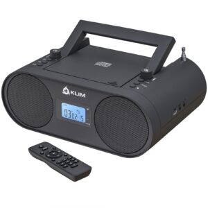 klim boombox b4 cd player portable audio system + am/fm radio with cd player, mp3, bluetooth, aux, usb + wired & wireless mode, rechargeable battery + remote control, autosleep, digital eq + new