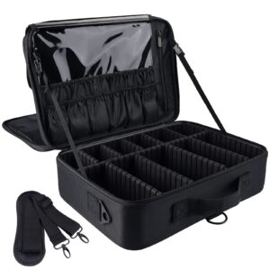 oewoer professional travel makeup case 16.5 inches large make up bag cosmetic train case portable artist storage organizer bag with shoulder strap for makeup brushes (l-black)