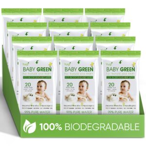 baby green wipes unscented compostable organic biodegradable – travel pack (12 packs of 20) 240 for sensitive skin