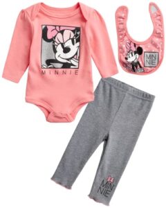 disney baby girls? minnie mouse layette set - 3 piece bodysuit, pants, and bib (newborn), size 6-9 months, rose/grey