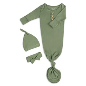 newborn baby knotted gown, super soft silky infant long sleeve sleeper with tie bottom, baby girl and boy sleep gown with mittens, bow, and hat set army green