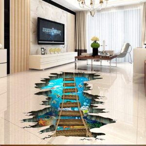 huanle self-adhesive floor stickers home room decor 3d volcano lava rope bridge art floor decals ocean wall wallpaper under the sea fish vivid stickers for kids teen girls bathroom nursery decor