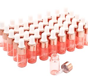 usrommaner 35 pack,3ml pink sample dropper vial,empty glass eye dropper bottle with rose-gold cap,liquid mini glass pipette travel essential oil perfume container-pipette,funnel,included