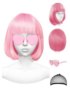 plantureco pink wig and party sunglasses, pink wigs for women, pink wig with bangs, light pink wig, pink bob wig, pink cosplay wigs and party wigs - bachelorette party wigs decorations favors