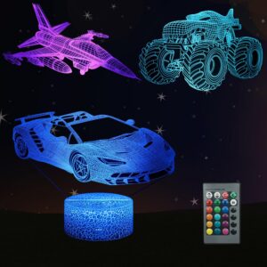 kenmaca car monster truck plane night light for boys bedroom, 3d illusion lamp 3 patterns 16 colors changing dimmable room decor, touch & remote control, christmas birthday toy gift toddler kid teen