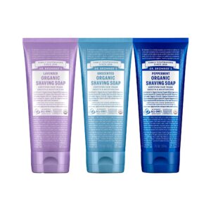 dr. bronner's - organic shaving soap (7 oz variety pack) lavender, baby unscented, & peppermint - certified organic, sugar & shikakai powder, moisturizes, use on face, underarms, & legs | 3 count