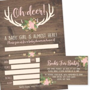 hadley designs 25 oh deer invitations, 25 books request cards, sprinkle invite for girl, bring a book instead of a card, invitation inserts for baby shower guest book