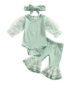 baby girls bell bottoms 3pcs daisy outfits mesh patchwork playsuit flared pants headband (green, 6-12 months)