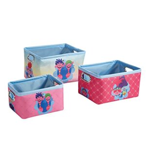 idea nuova dreamworks trolls 3 piece nestable rectangular storage bins with grommet handles for organizing toys, games, clothes in nursery, playroom, bedroom, bathroom