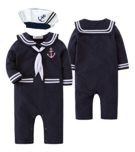 stylesilove baby toddler boys marine sailor cotton romper with hat and necktie 3pcs festival jumpsuit (navy blue, 90/12-18 months)