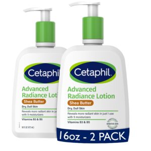 cetaphil body lotion, advanced radiance lotion with shea butter for dry, sensitive skin, 16 oz pack of 2, fragrance free, hypoallergenic, non-comedogenic