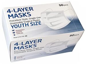 wms small ear loop 4-layer youth face masks, wisconsin medical supplies, made in usa, 1 pack (50 masks)