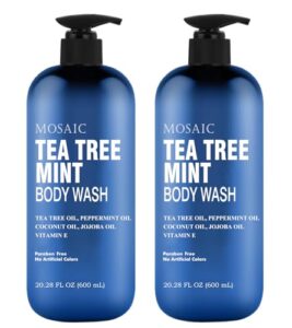 tea tree body wash with mint & shower gel with vitamin e for jock itch, eczema, ringworm, body odor, body wash women & men with added body oils,large 20.2 fl oz bottle (tea tree mint, pack of 2)