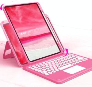 henghui magnetic ipad 10th generation keyboard case with touchpad cute color keyboard vertical stand movable clear back case detachable keyboard (dark pink)