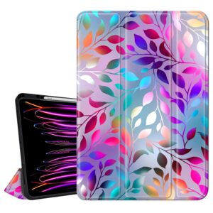 hi space for ipad pro 11 inch case 2022 2021 2020 2018 4th 3rd 2nd 1st generation with pencil holder, frosted colorful leaf trifold stand protective shockproof cover auto sleep wake